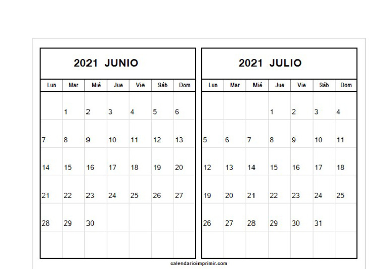 Calendario Junio Julio 2021 | PDF