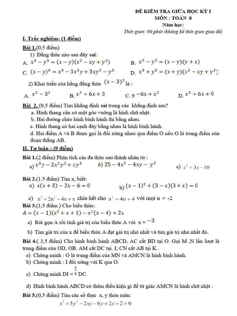 Đề ktra giữa kì 1 toán 8 | PDF