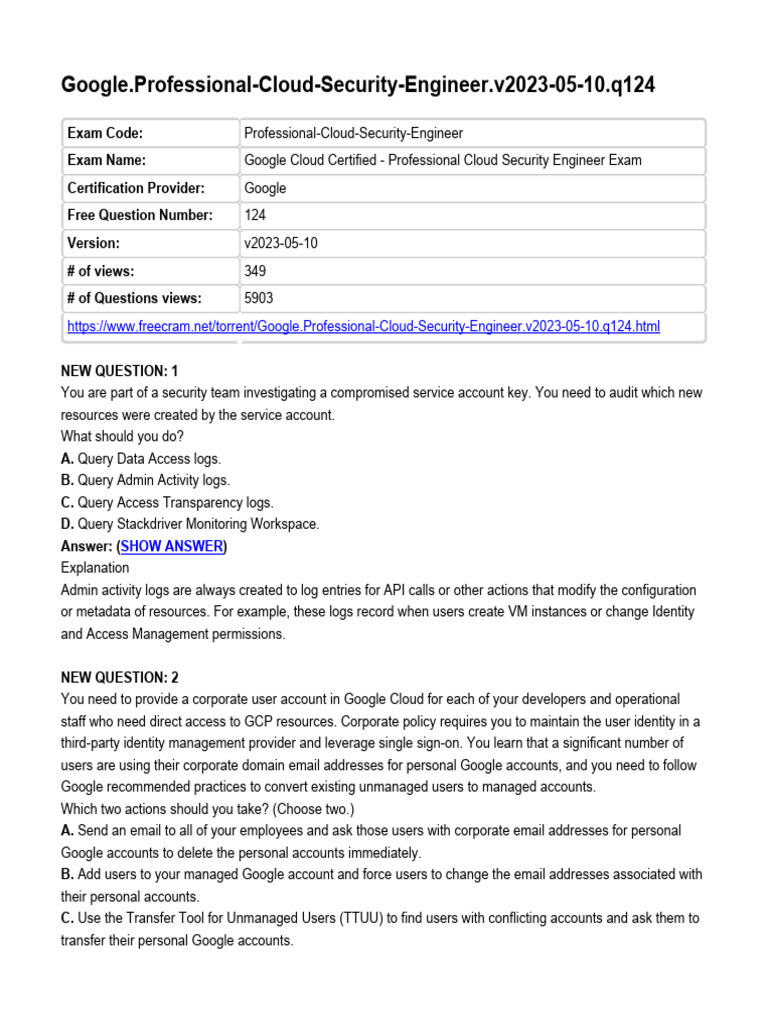 Google - Professional Cloud Security Engineer.v2023!05!10.q124 | PDF | Cloud Computing ...