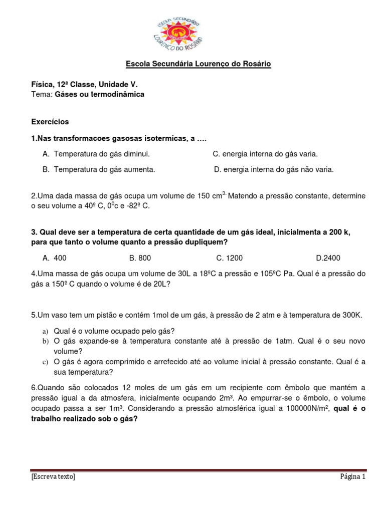 Exercicios Sobre Gases e Termodinamica | PDF | Gases | Temperatura