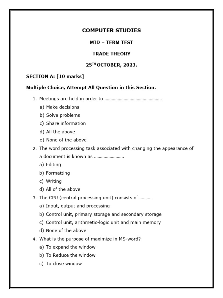 COMPUTER STUDIES MID TERM TEST (September Intake) | PDF | Computer Data ...