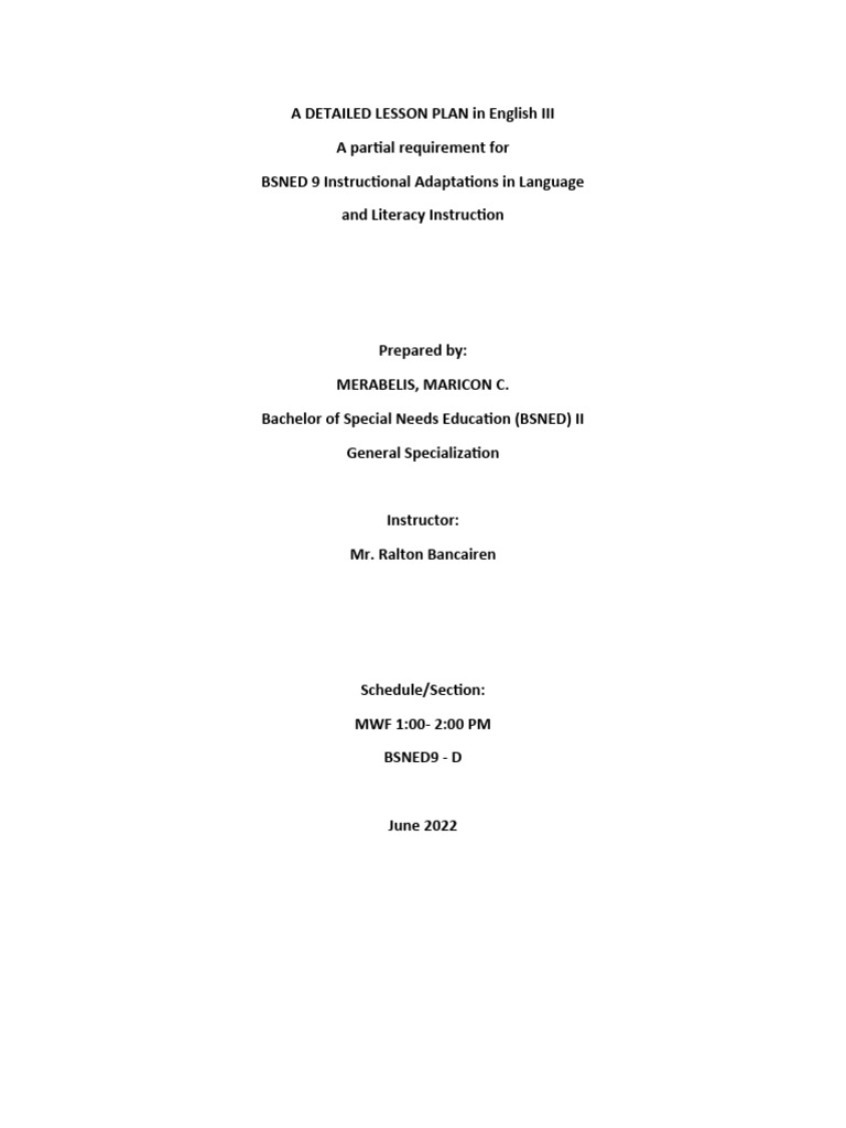 A DETAILED LESSON PLAN in English III | PDF | Noun | Lesson Plan