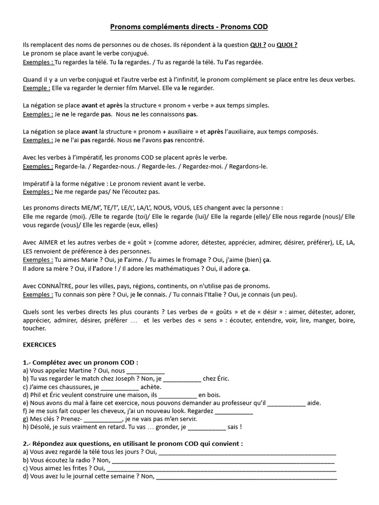 FR4-Les Pronoms Complément COD-COI | PDF | Verbe | Complément d'objet