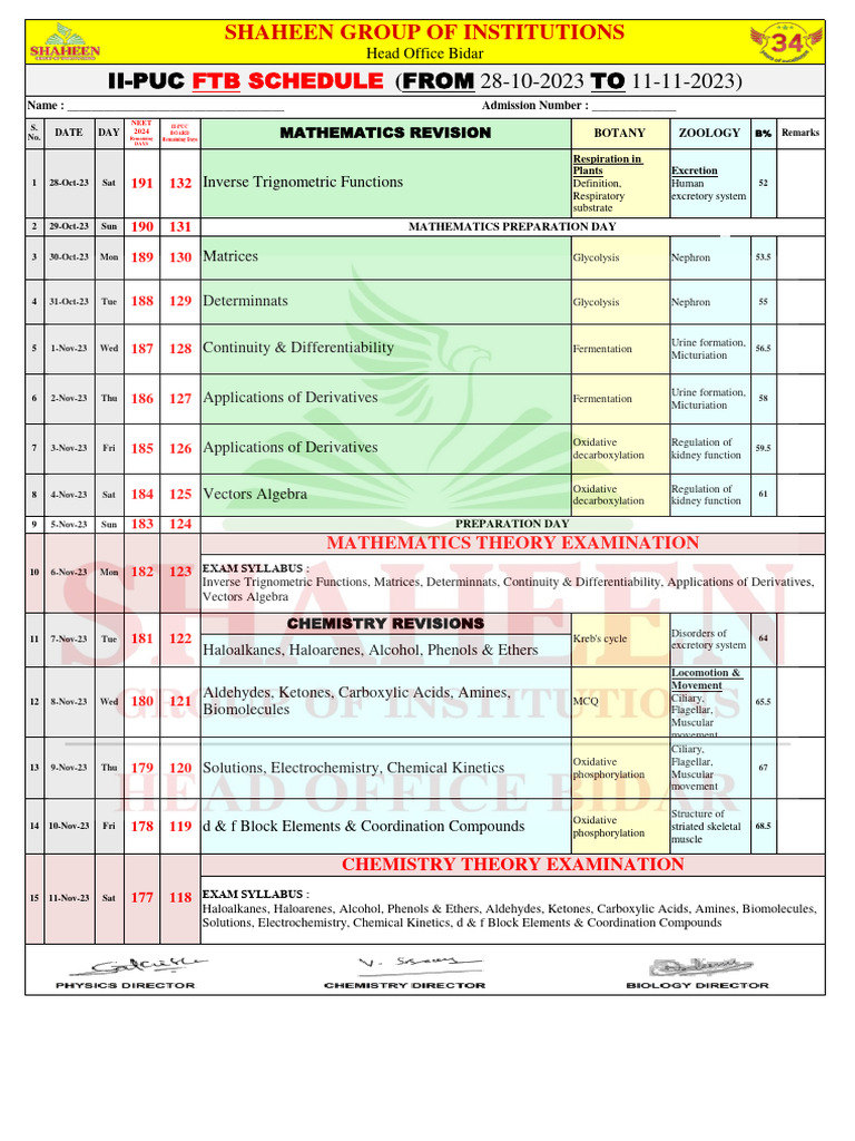 Ii Puc FTB Schedule From 28 10 2023 To 11 11 2023 | PDF | Aldehyde | Ketone