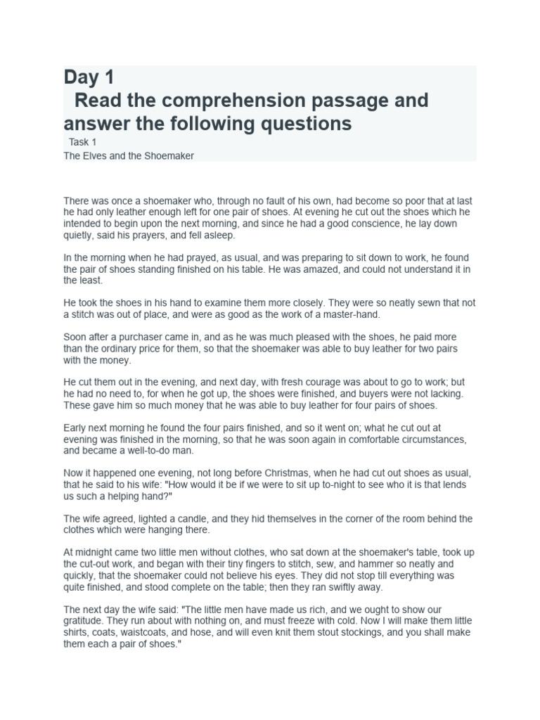 Day 1 Comprehension Passage The Elves and The Shoemaker | PDF | Shoe