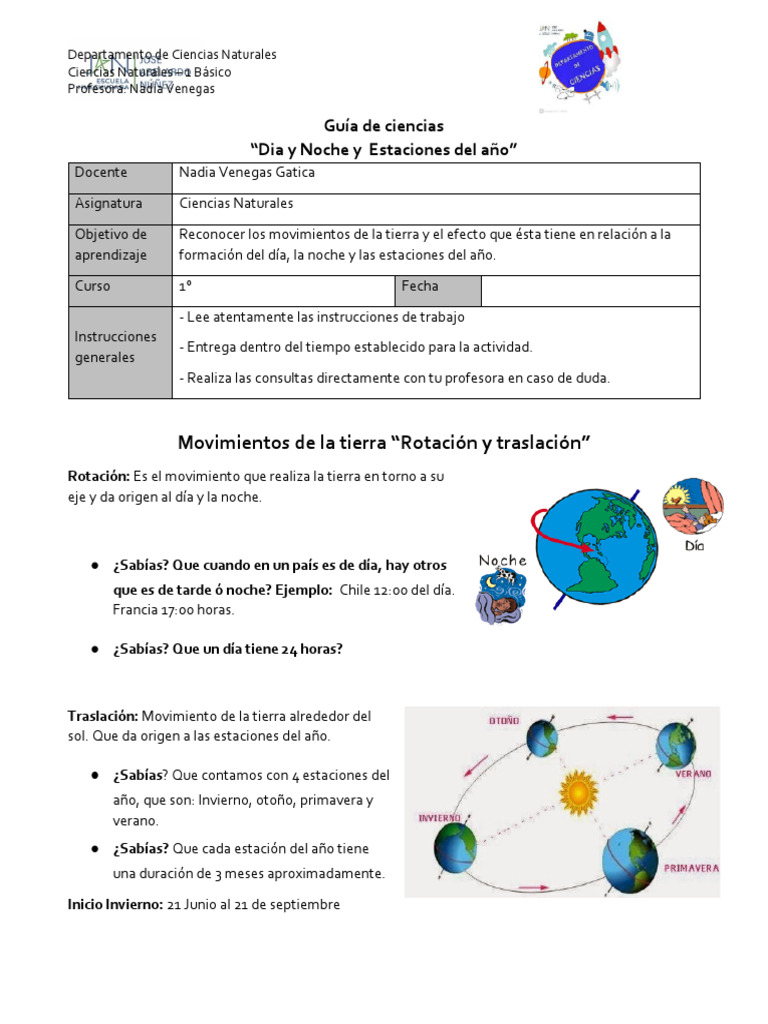 Guía 1° Básico Dia y noche | PDF | Temporada de primavera) | Tierra