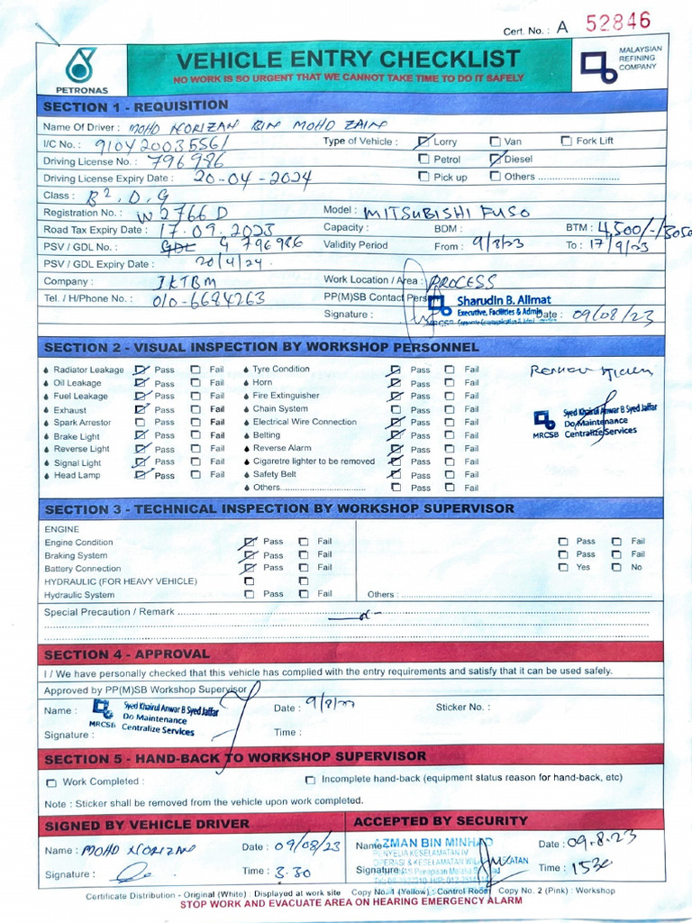 Vehicle Entry Checklist | PDF