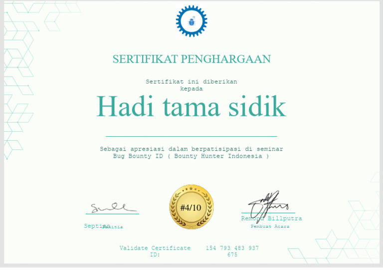 Sertifikat #4 Bug Bounty | PDF | Bisnis | Pengelolaan Keuangan & Uang