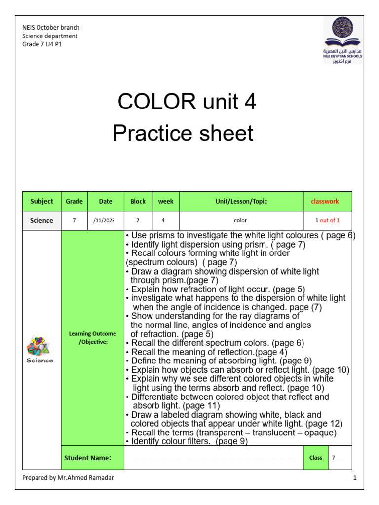 Colors Practice Sheet.2024 | PDF | Color | Light