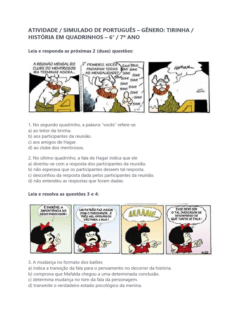 ATIVIDADE SIMULADO DE PORTUGUES - GENERO TIRINHA HISTORIA EM QUADRINHOS 6° 7o ANO PDF | PDF