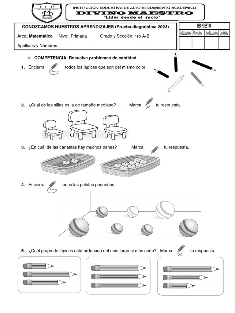 1RO PRIM - PRUEBA DIAGNÓSTICA- MATEMÁTICA | PDF