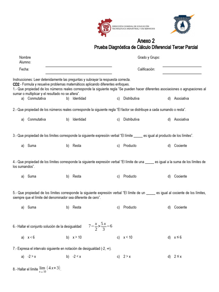 Prueba Diagnostica 3er P - Cal-Dif | PDF | Multiplicación | División (Matemáticas)