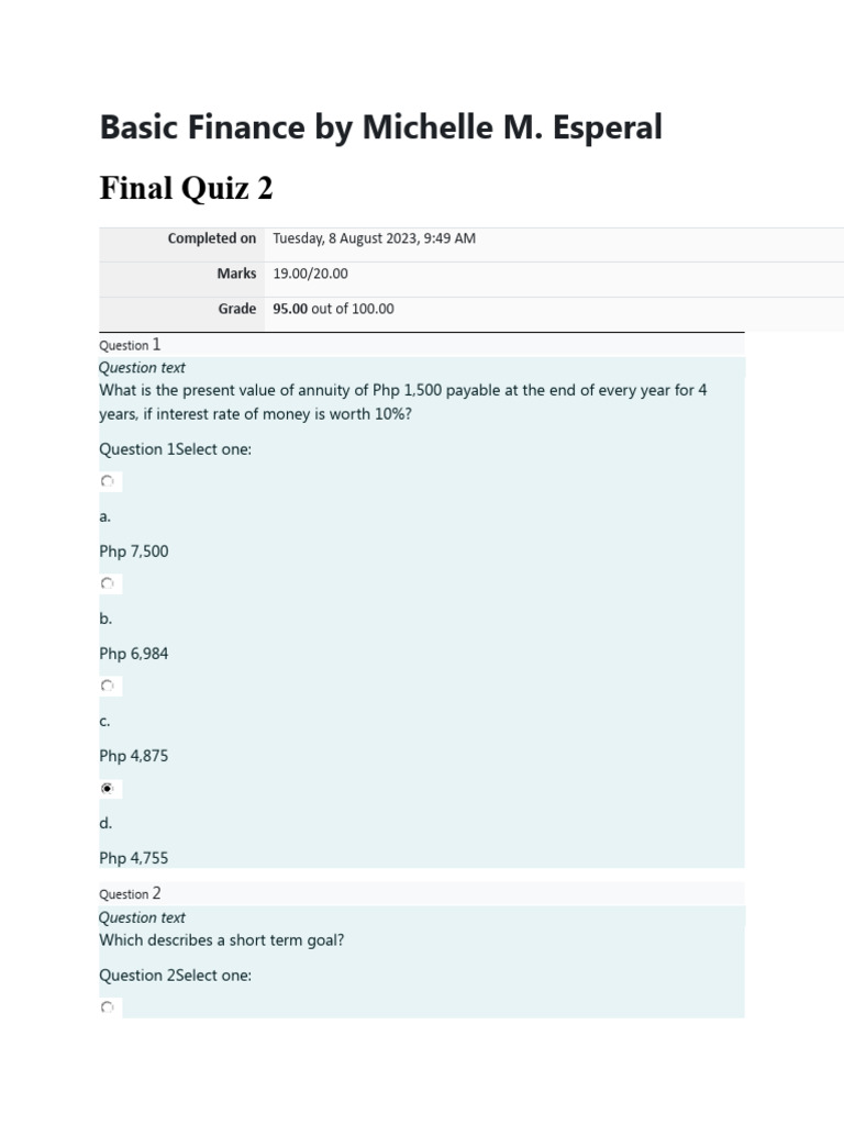 Basic Finance Final Q2 | Download Free PDF | Banks | Investing