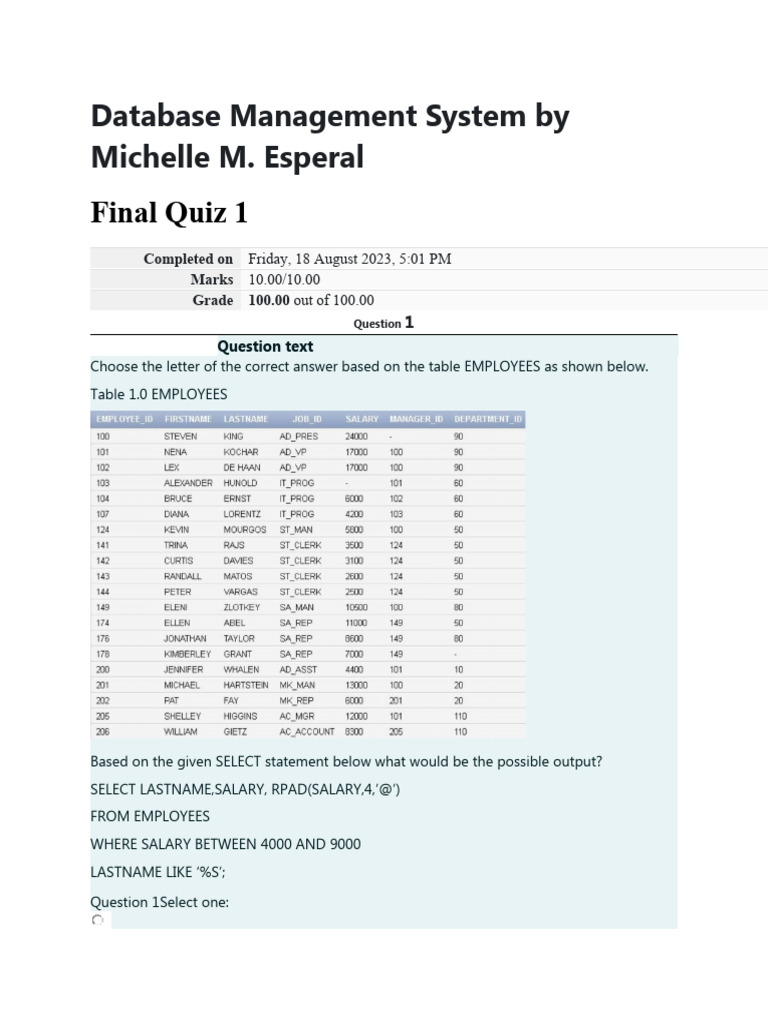 Database Management System Final Q1 | PDF | Data Management | Databases
