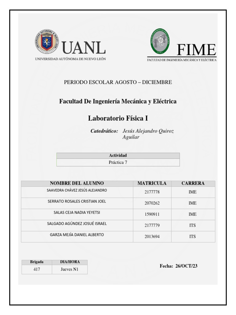 Practica 7 Lab. Fisica | PDF | Fuerza | Las leyes del movimiento de Newton Practica 7 Lab. Fisica | PDF | Fuerza | Las leyes del movimiento de Newton