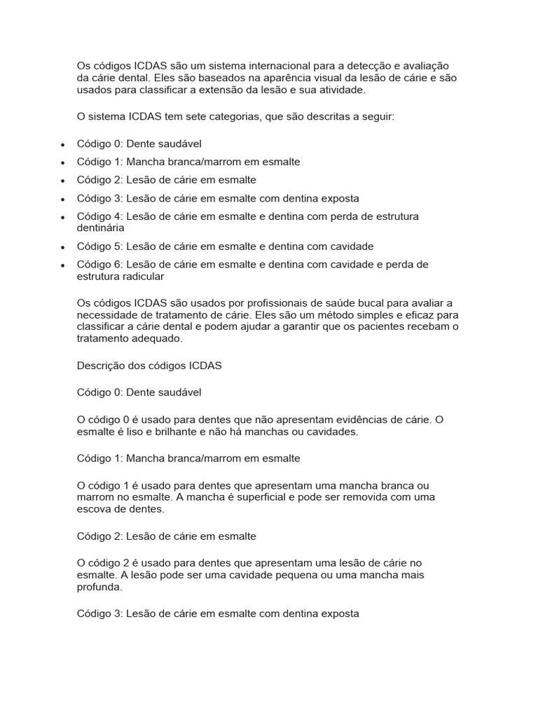 Os códigos ICDAS são um sistema internacional para a detecção e ...