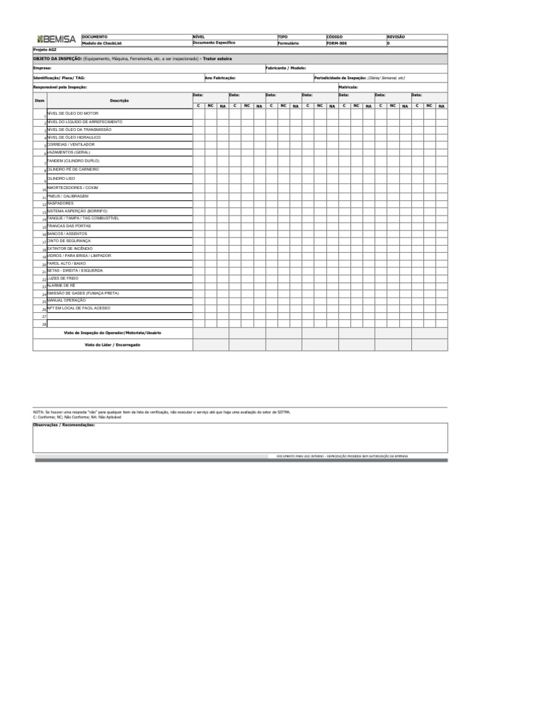FORM-006 - Check List - Trator Esterira | PDF | Trator | Veículos
