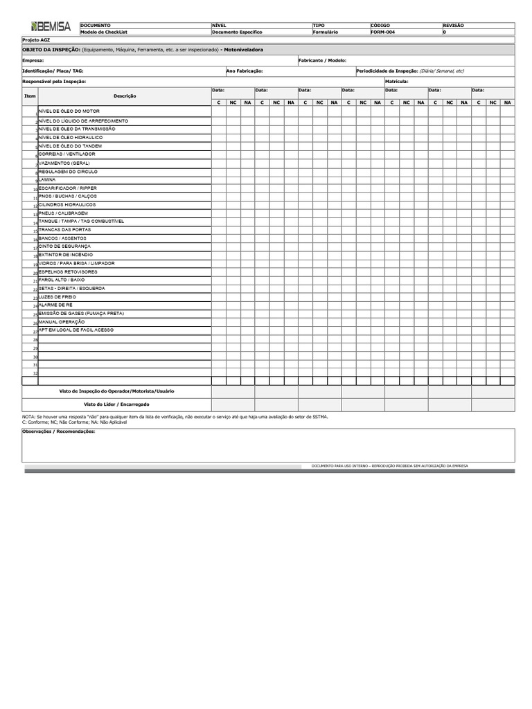 FORM-004 - Check List - Motoniveladora | PDF