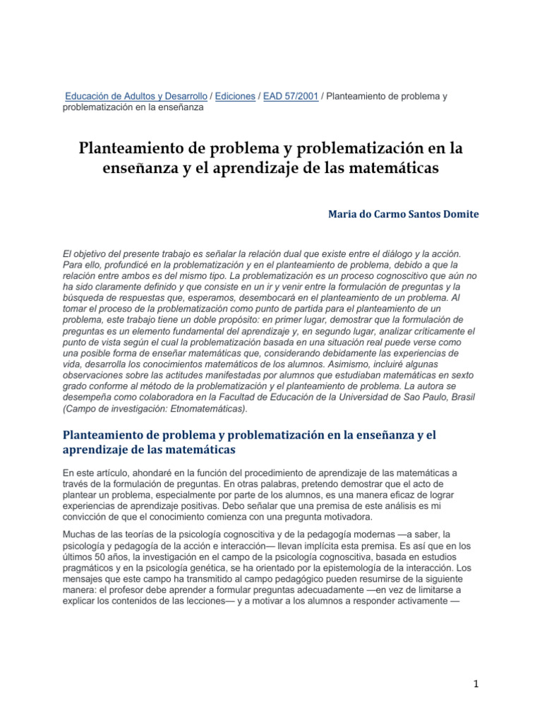 Planteamiento Del Problema y Problematizacion en Matematicas ...