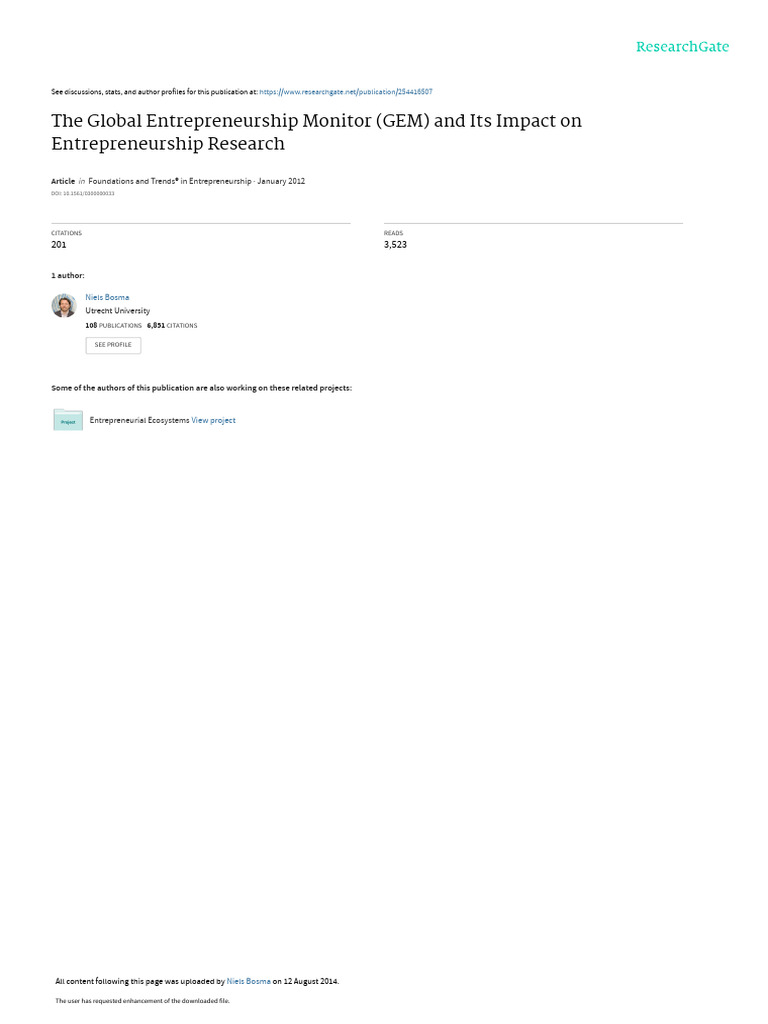 The Global Entrepreneurship Monitor GEM and Its Im | PDF | Entrepreneurship | Survey Methodology