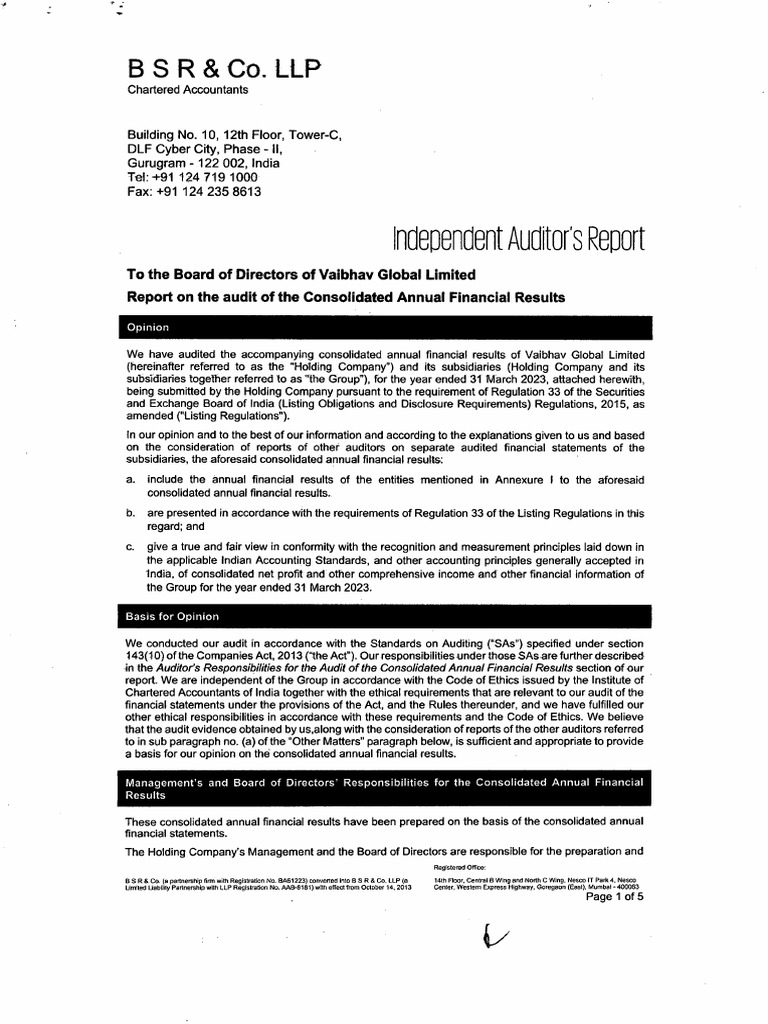 Independent Auditor's: B S R & Co. LLP | PDF | Auditor's Report | Audit
