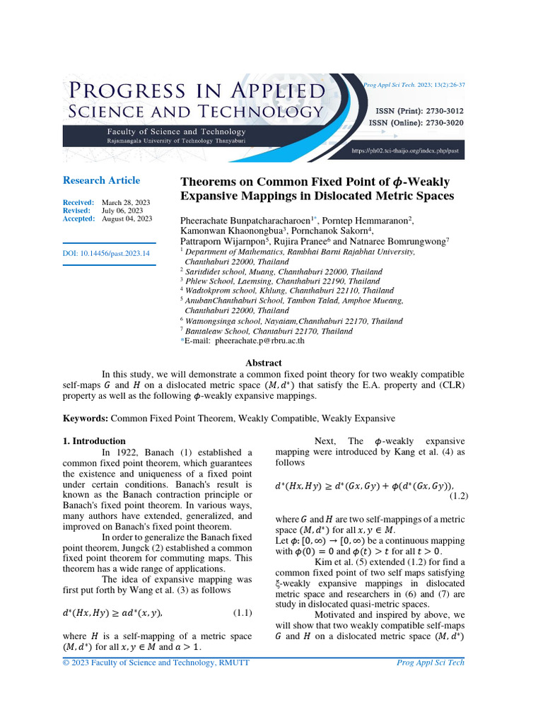 Theorems On Common Fixed Point of Expansive Mappings in Dislocated Metric Spaces | PDF | Banach ...