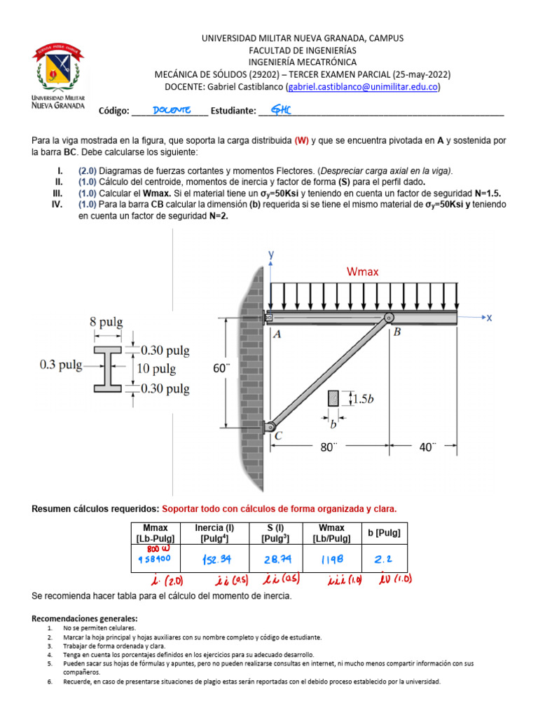 Ejercicio Flexión Parcial Mecánica de Sólidos | PDF | Viga (Estructura) | Mecánica