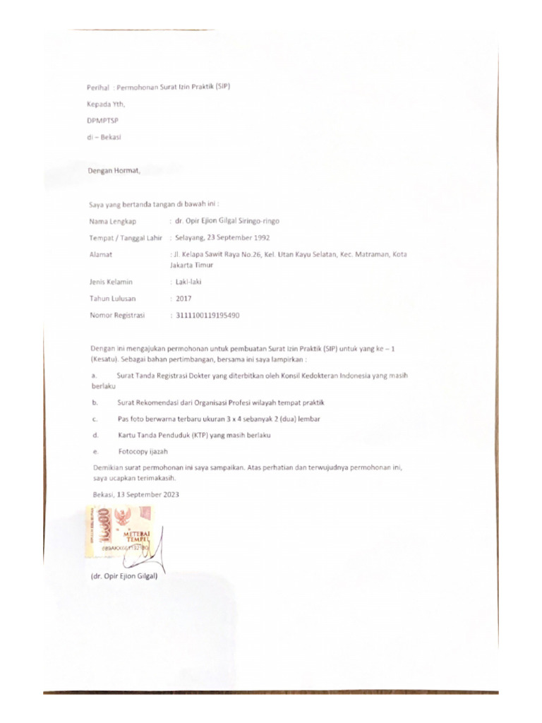 Contoh Surat Permohonan SIP | PDF