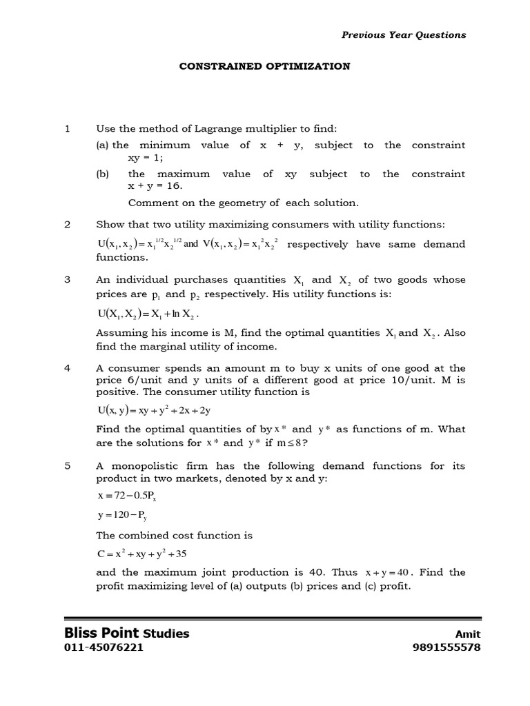 2023-10-22 ConstrainedOptimization (PreviousYearQuestions) | PDF ...