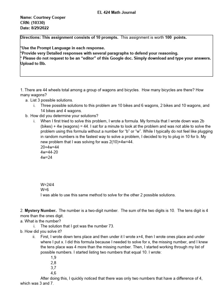 Courtney Cooper Math Journal For EL 424 | PDF | Numbers | Multiplication