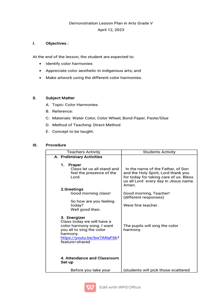 Arts Lesson Plan Finale | PDF | Color | Yellow