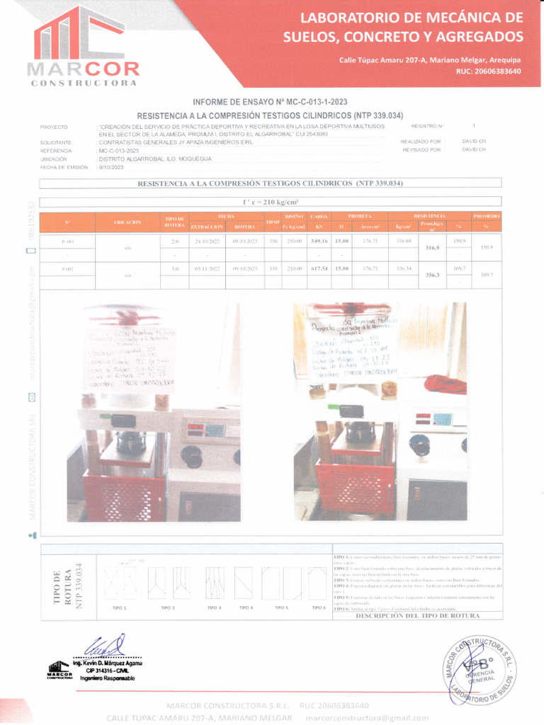 Compresion de Testigos de Concreto - MARCOR CONSTRUCTORA SRL | PDF