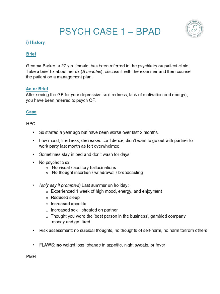 Psych Handout 1 | PDF | Bipolar Disorder | Major Depressive Disorder