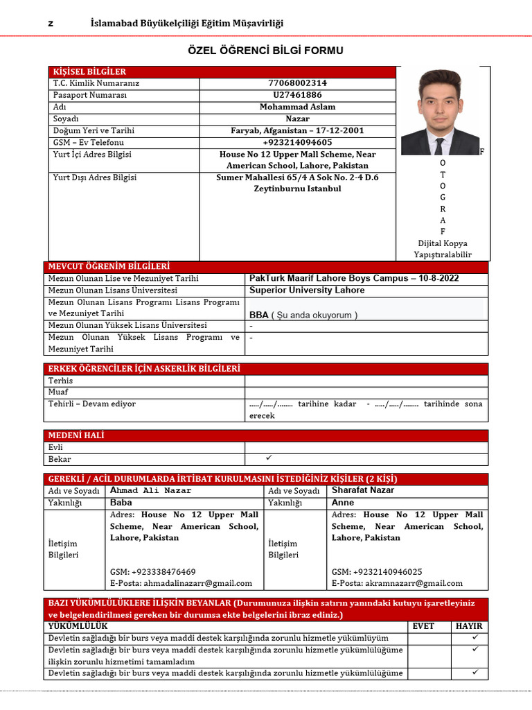 Ogrenci Bilgi Formu | PDF