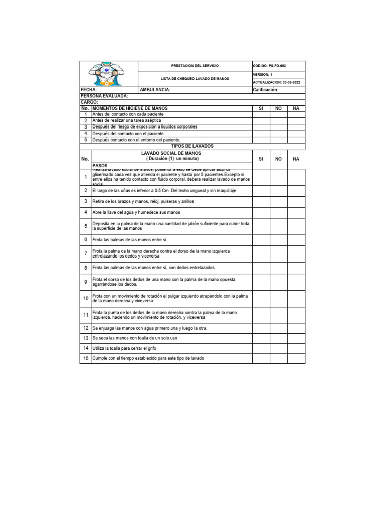 Ps-Fo-003 Lista de Chequeo Lavado de Manos v1 Ok | PDF | Lavado de ...