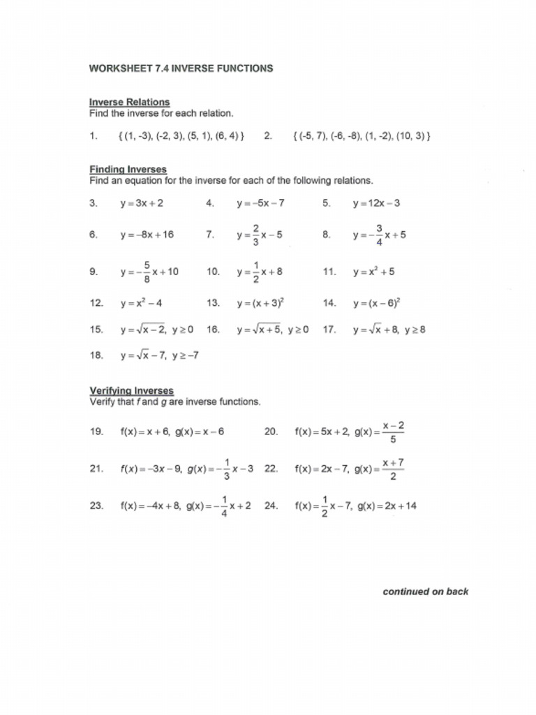 MCR3U Inverse Functions Worksheet | PDF MCR3U Inverse Functions Worksheet | PDF
