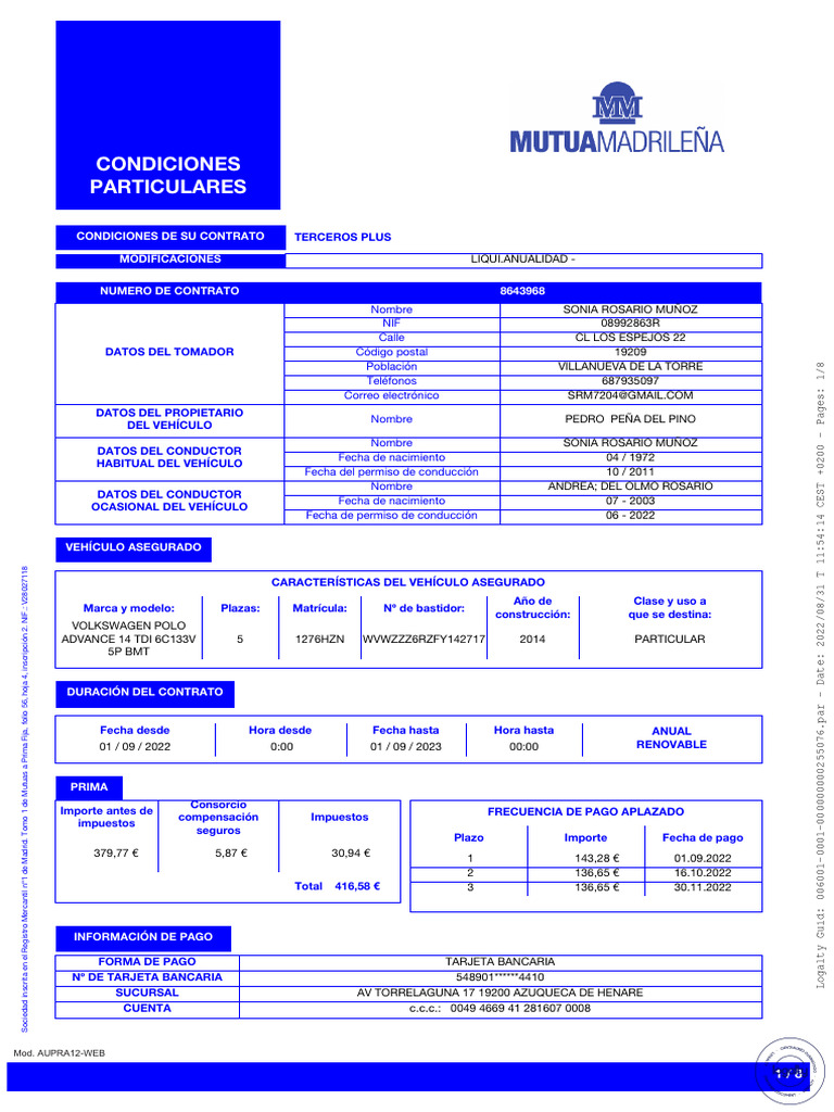 0001#01#P#8643968#0002#CP#APOL#0001 1 8643968 Condiciones Particulares | PDF | Póliza de seguros ...