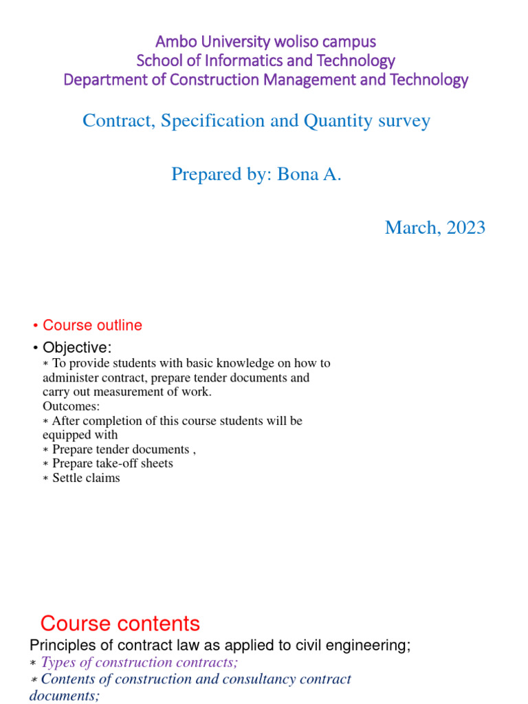 Contract Spec and Qty Surveying CoTM 3rd Yr 1 | PDF | Procurement ...