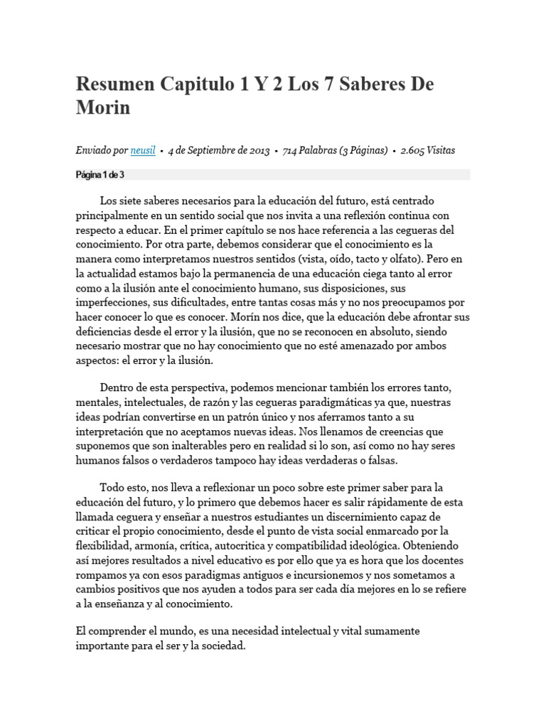 Resumen Capitulo 1 Y 2 Los 7 Saberes de Morin | PDF | Conocimiento | Inteligencia