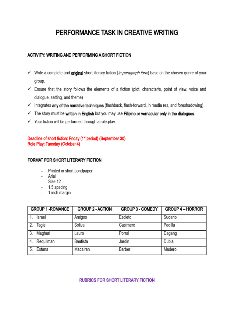 Creative Writing Performance Task Guide | PDF | Plot (Narrative)