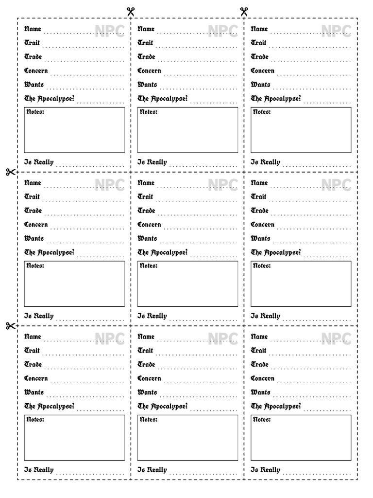Mork Borg NPC Cards A4 Printer Friendly | PDF