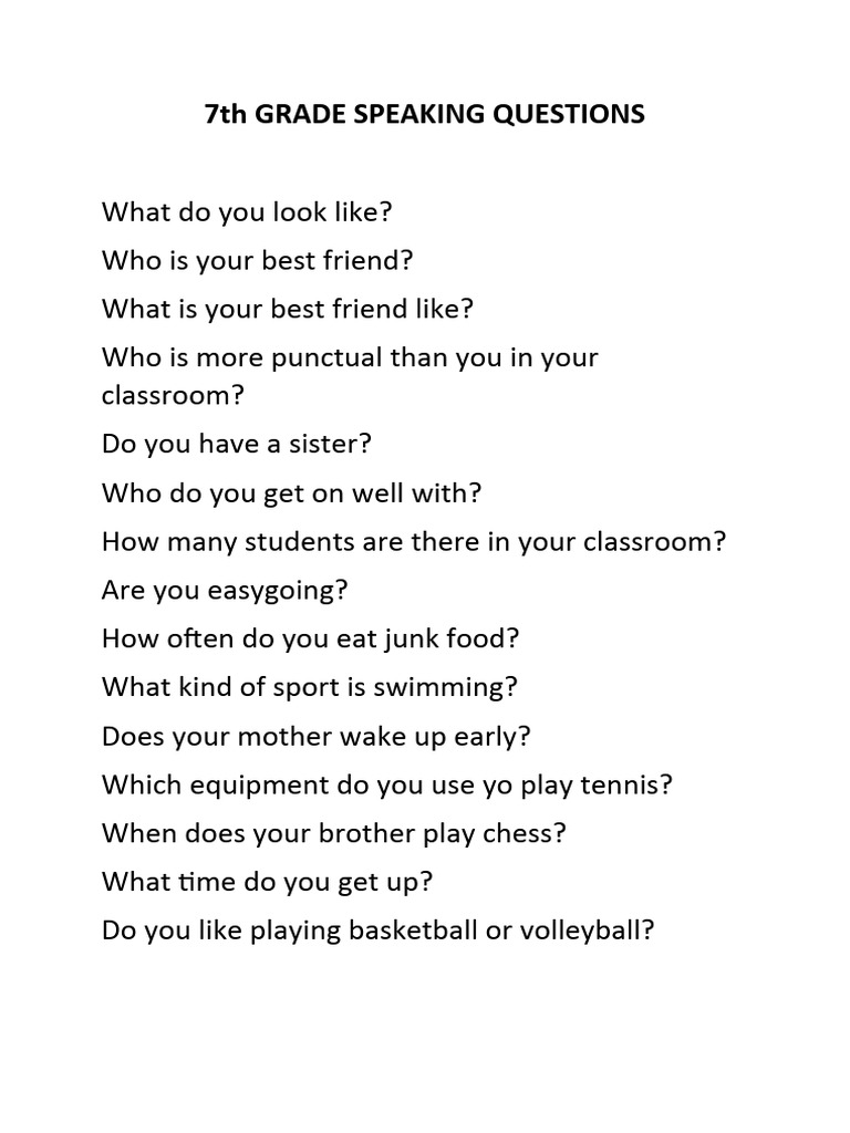 7th Grade Speaking Questions Guide | PDF