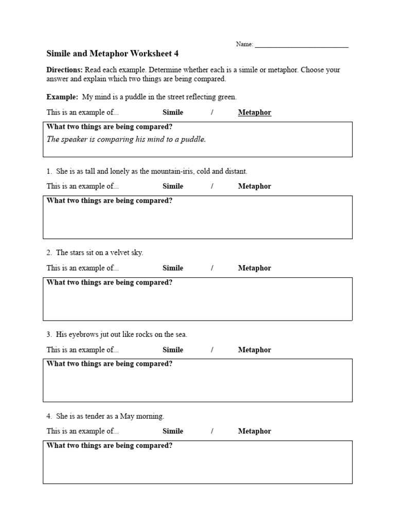 Simile and Metaphor Comparison Worksheet | PDF | Metaphor