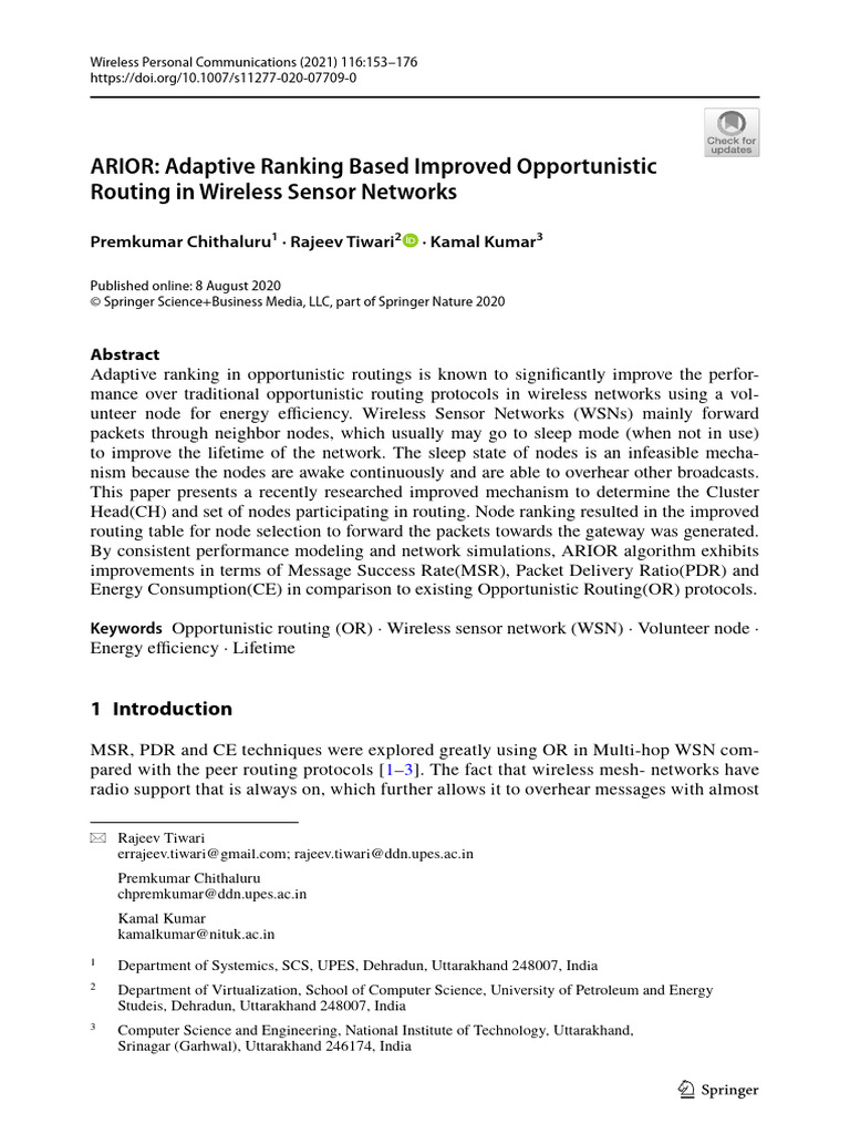 ARIOR: Adaptive Ranking Based Improved Opportunistic Routing in Wireless Sensor Networks | PDF ...