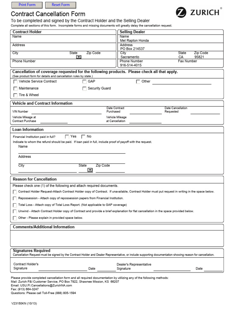 Zurich Cancellation Form | PDF | Repossession | Zip Code