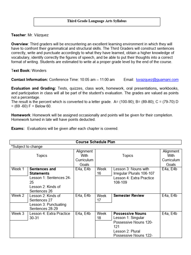 Language Arts Syllabus 3rd 2023 | PDF | Verb | Grammatical Number