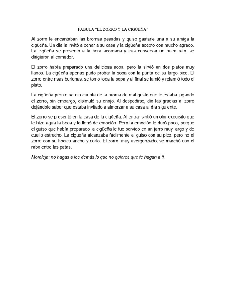 Moraleja de El Zorro y la Cigüeña | PDF