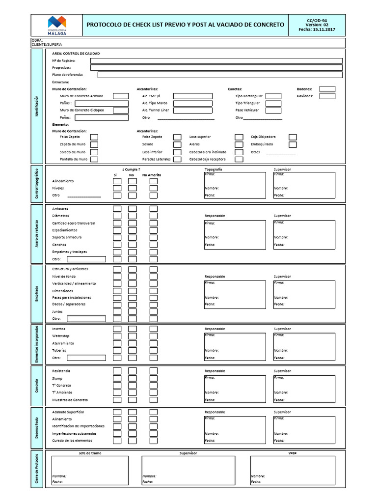 CC-OD.94 Check List Previo y Post Al Vaciado de Concreto vs 02 | PDF ...