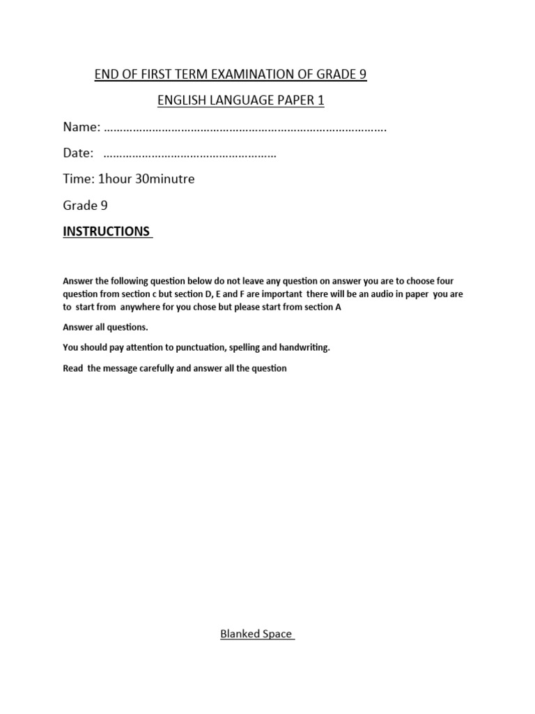 End of First Term Examination of Grade 9 | PDF