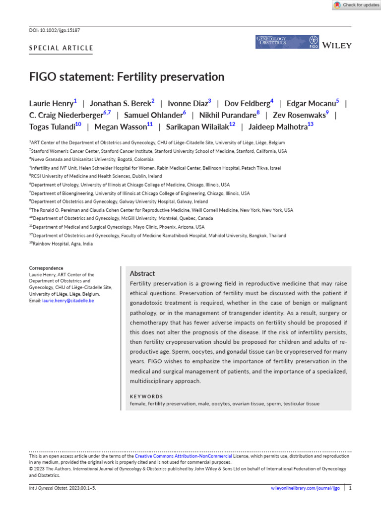 Intl J Gynecology Obste - 2023 - Henry - FIGO Statement Fertility Preservation | PDF | Ovary ...